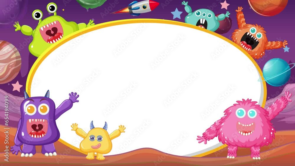 Cartoon alien monsters with planets and rockets in outer space. Stock ...