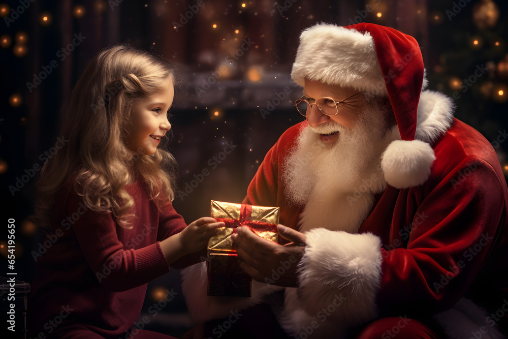 Portrait of cute little girl opening Christmas present with magic light ...