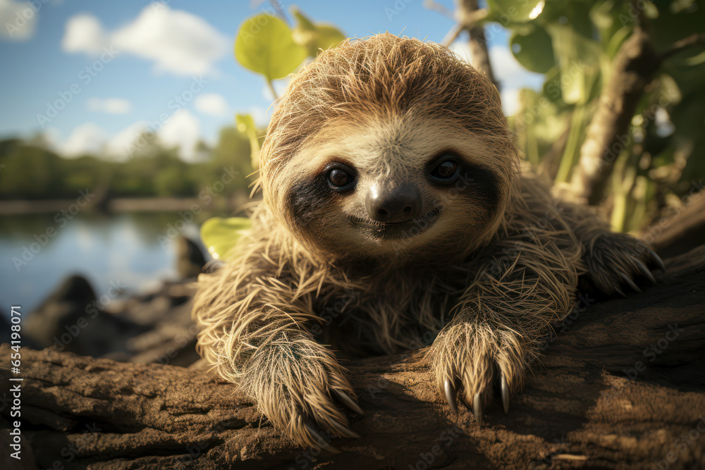 The rare and tiny pygmy three-toed sloth, clinging to mangrove trees on ...