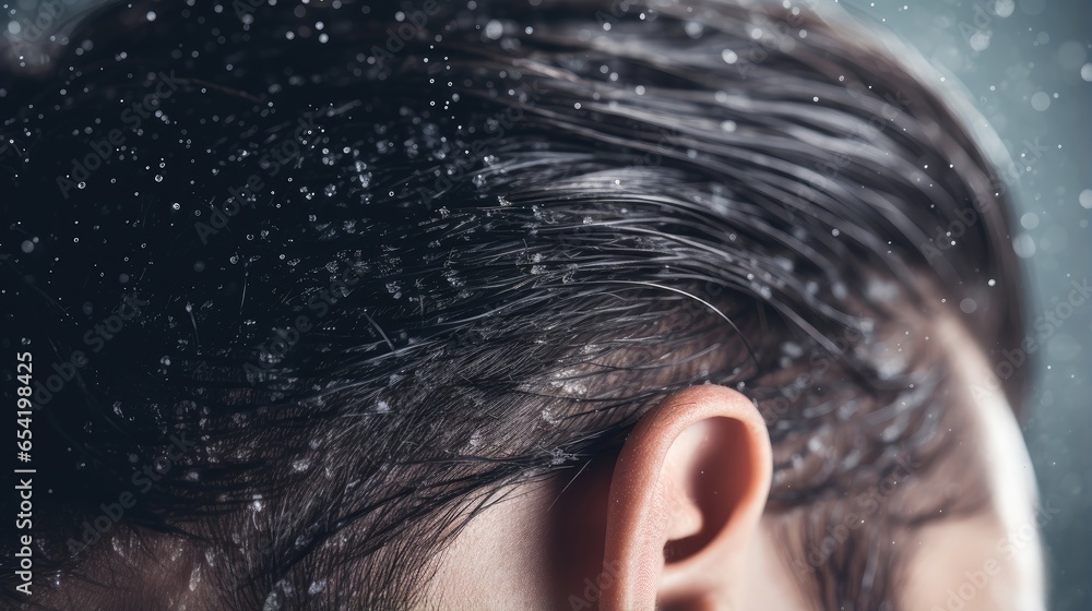 An up-close look at a man's hair and dandruff problem, illustrating the ...
