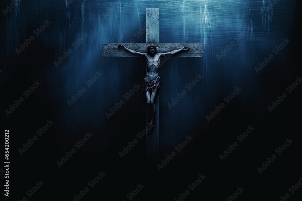 wood jesus cross, dark black blue horror night background, scary ...