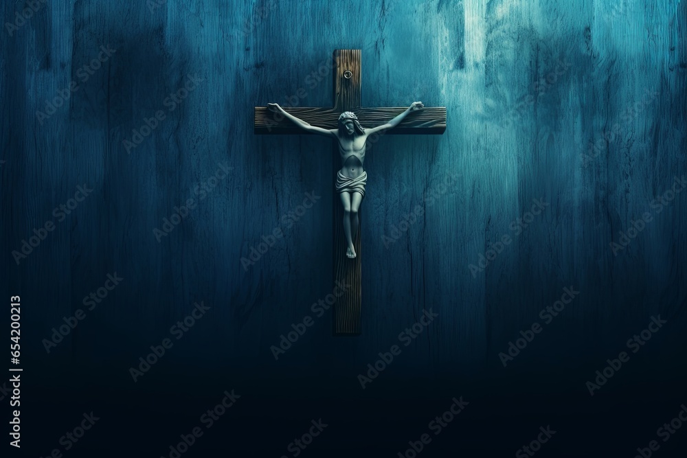 wood jesus cross, dark black blue horror night background, scary ...