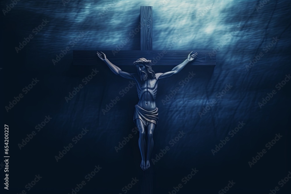 wood jesus cross, dark black blue horror night background, scary ...