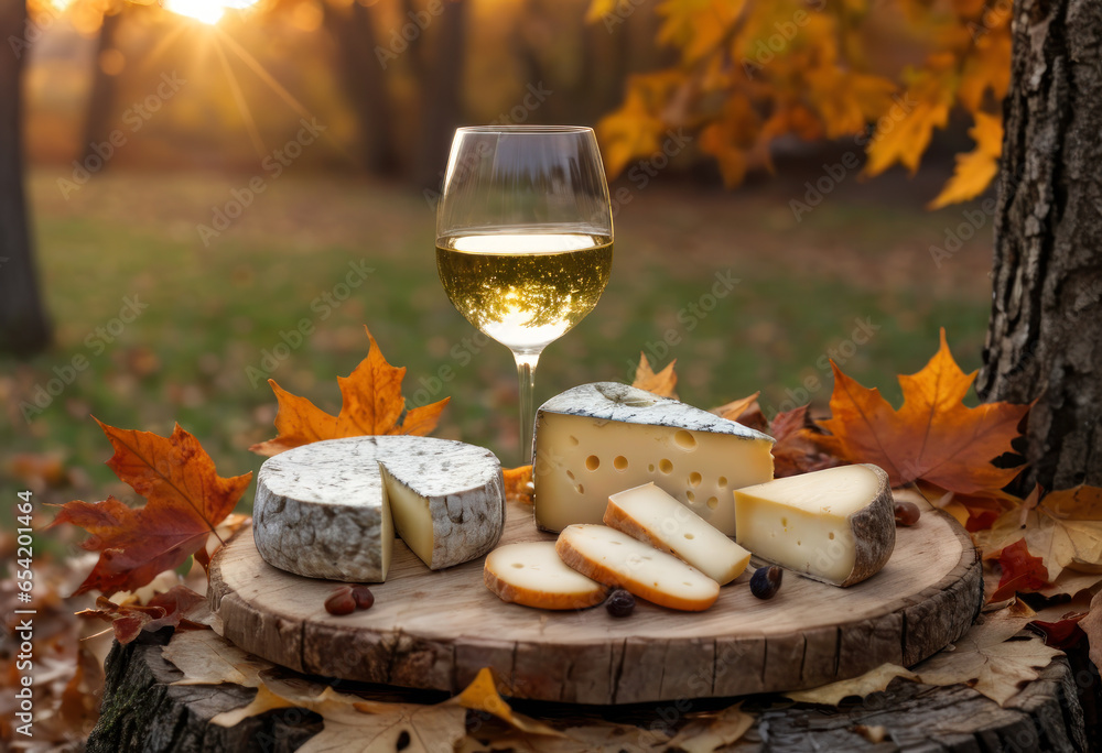 Plateau de fromage français et verre de vin blanc sur une souche d ...