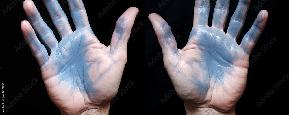 Cyanotic hands or peripheral cyanosis or blue hands at Asian man ...