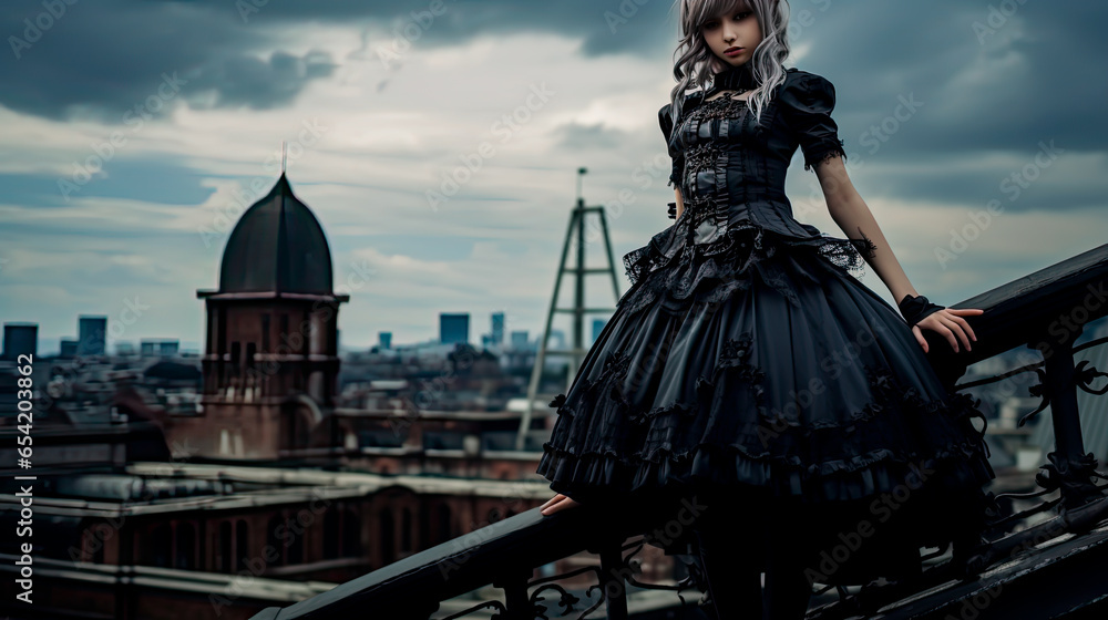 Girl Cosplayer dressed in a Goth Lolita outfit, posing on a rooftop ...