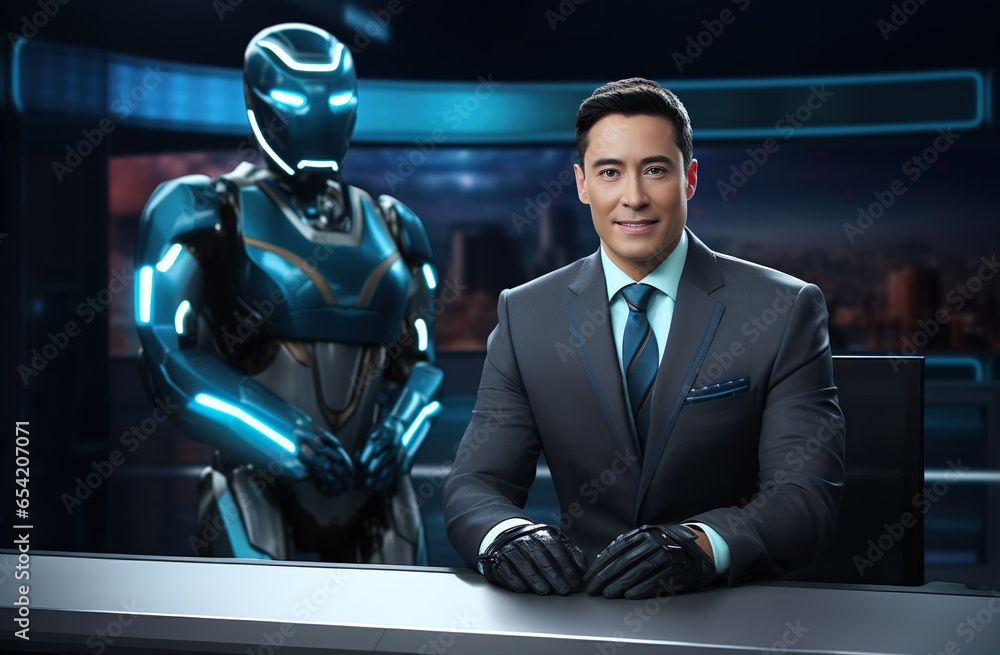 AI robot is broadcast guest with host of TV breaking news. Studio news ...