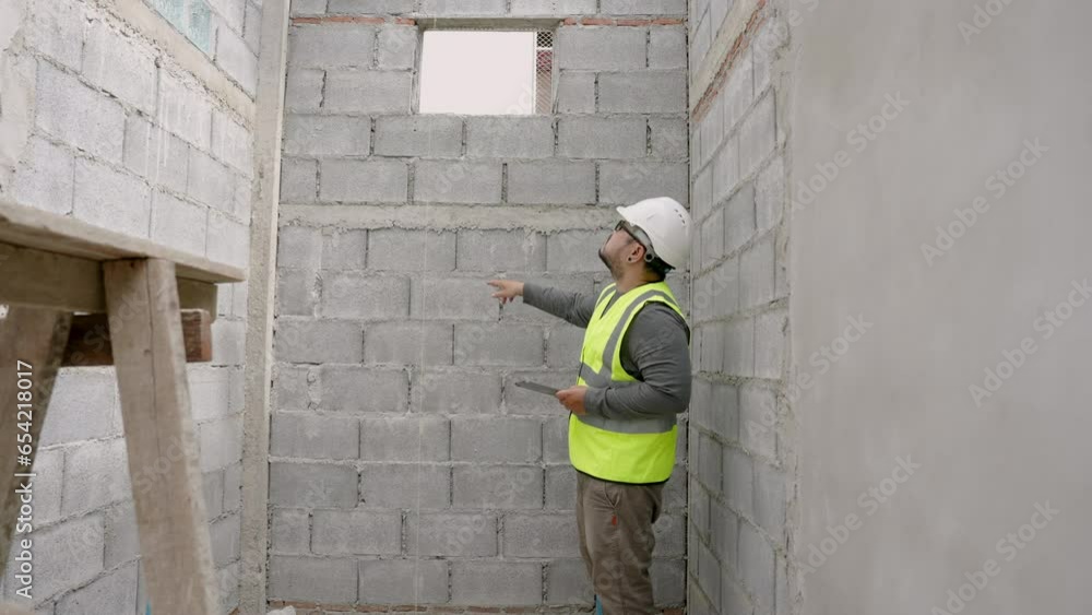 Engineer is inspecting construction of brick wall. that maintains ...