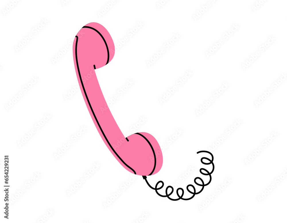 Hand drawn cute cartoon illustration of pink retro phone handset. Flat ...