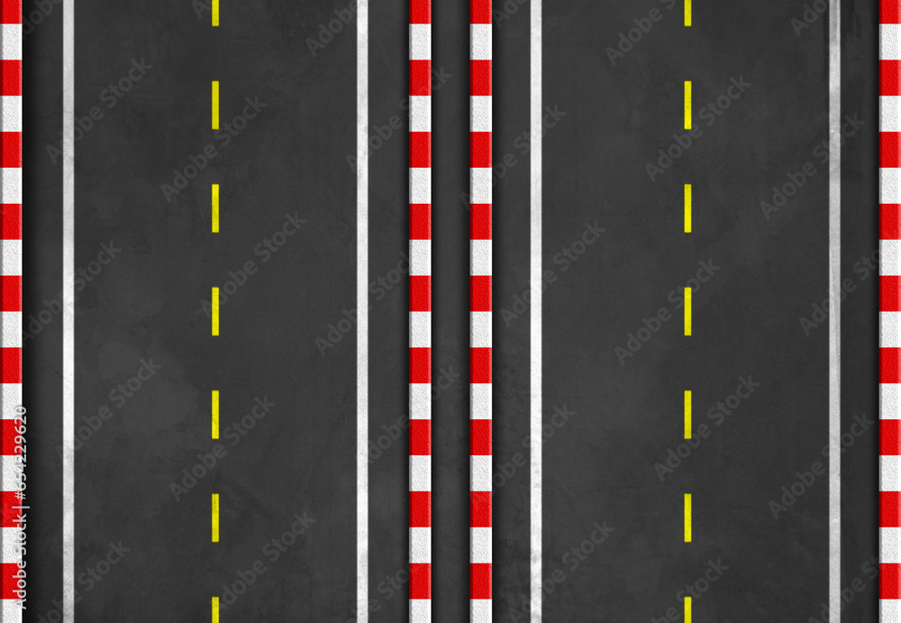 3D Rendering Seamless asphalt four-lane traffic road with white and ...