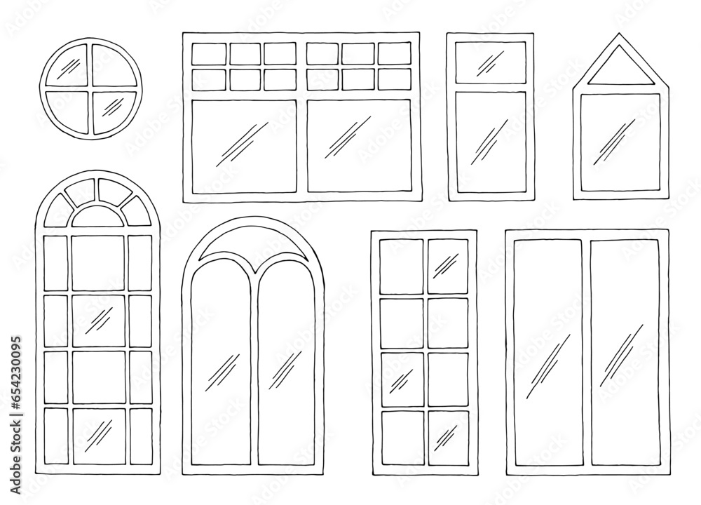 Windows set graphic black white isolated sketch illustration vector ...