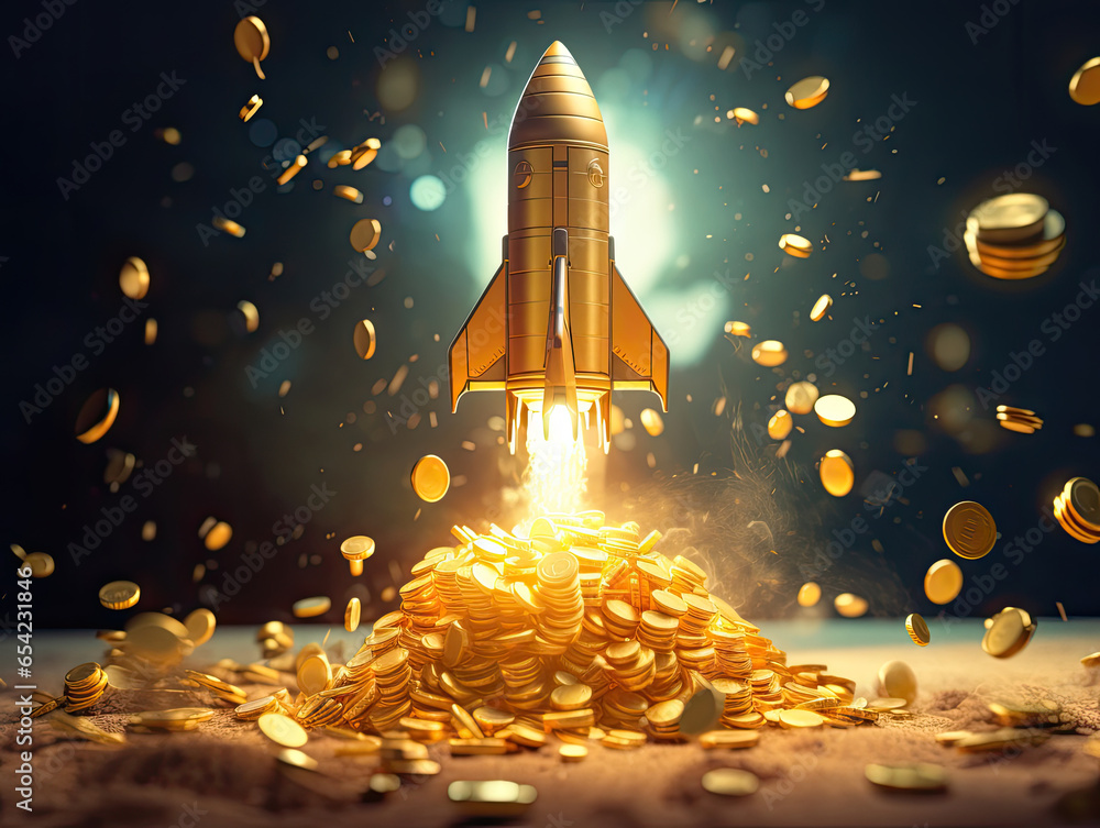 3d model rocket launched from pile of gold money coins on white ...