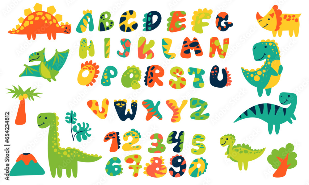 Cartoon font with dinosaurs. Letters and numbers of the dinosaur ...