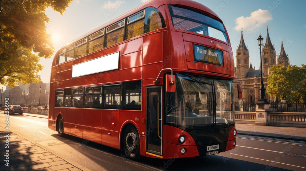 Red double decker bus on the street in London, UK. Red double decker ...