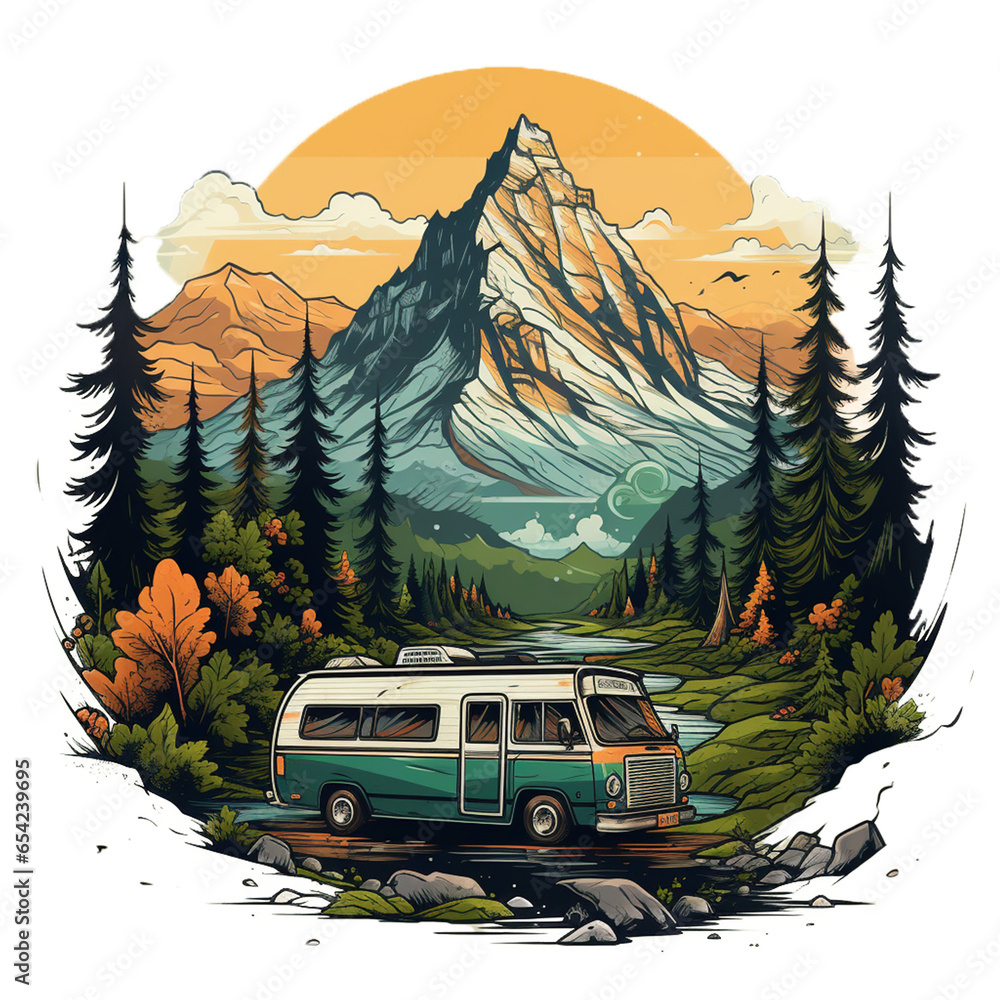 Camper van 4wd car camping advanture in wild with pine tree and moutain ...
