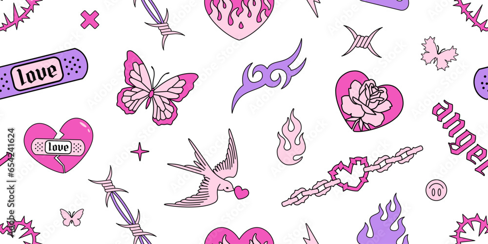 Y2k Tattoo art seamless pattern in 90s - 00s style. Butterfly, barbed ...