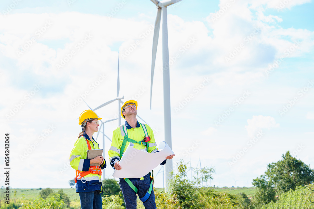 Technician engineer caucasian worker builders looking for wind turbine ...