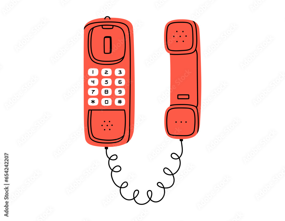Hand drawn cute cartoon illustration of red wall wired phone. Flat ...