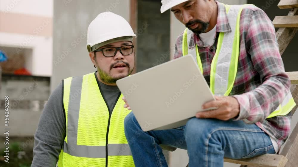 Male asia engineers sitting with laptop computers on their legs ...