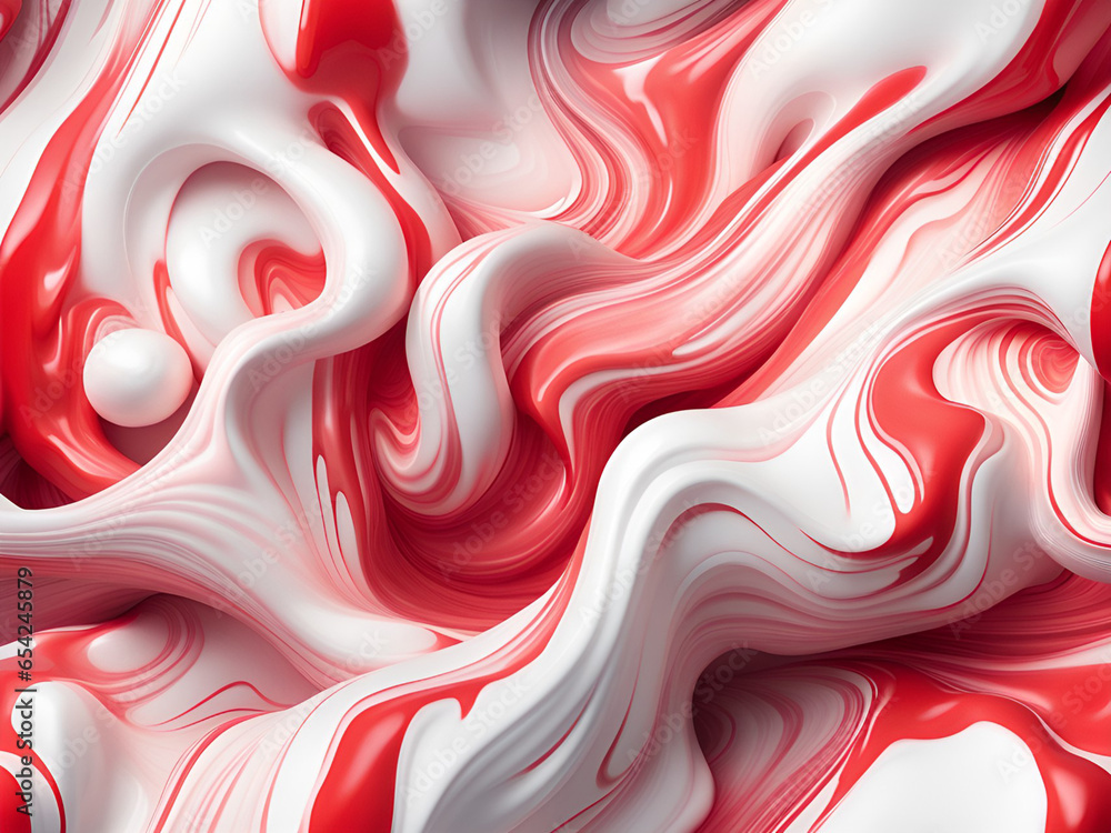 Wavy liquid background. Red and white liquid ink churning together. 3D realistic, abstract ...