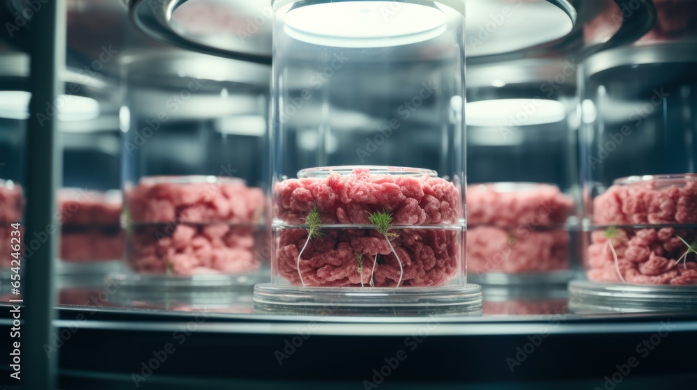 Transgenic meat. Bioreactors filled with cultured meat cells ...
