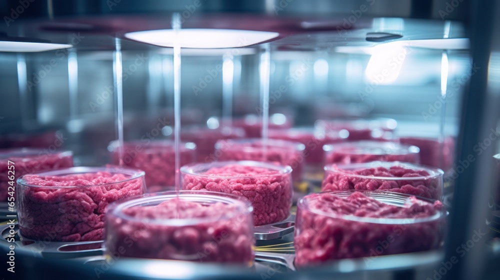 Transgenic meat. Bioreactors filled with cultured meat cells ...