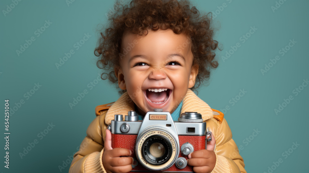 Joyful little child with a toy camera, exploring and having fun ...