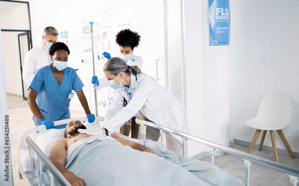 CPR, emergency and team of doctors in hospital for medical service ...