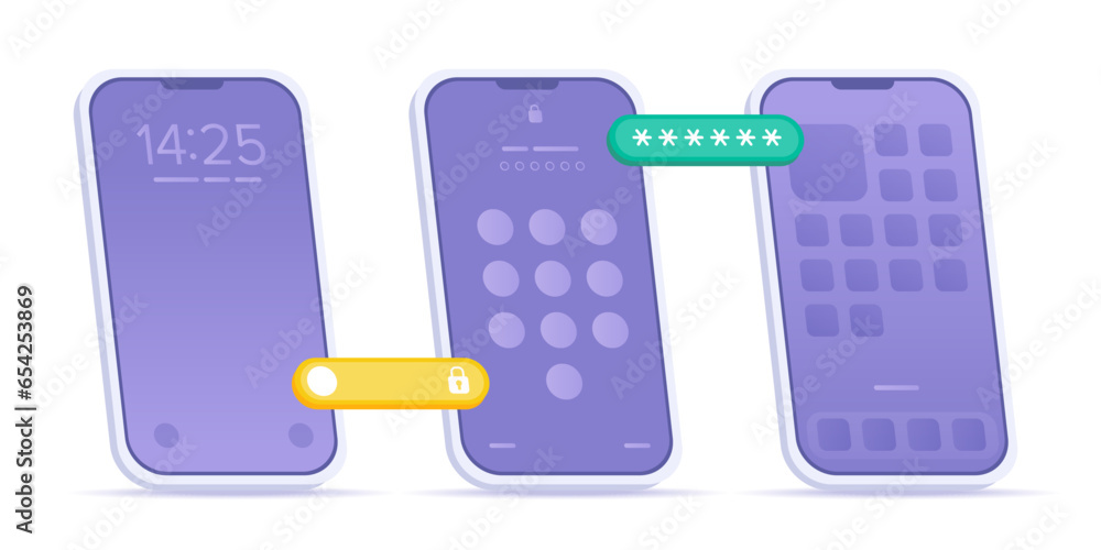 Phone UI unlocking. Isometric vector Set of lock, password and unlock ...