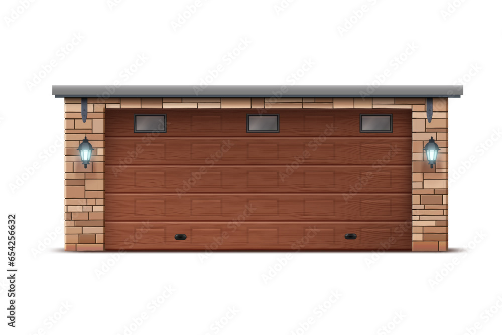 Closed wooden garage doors of a brick garage, presenting a classic and ...
