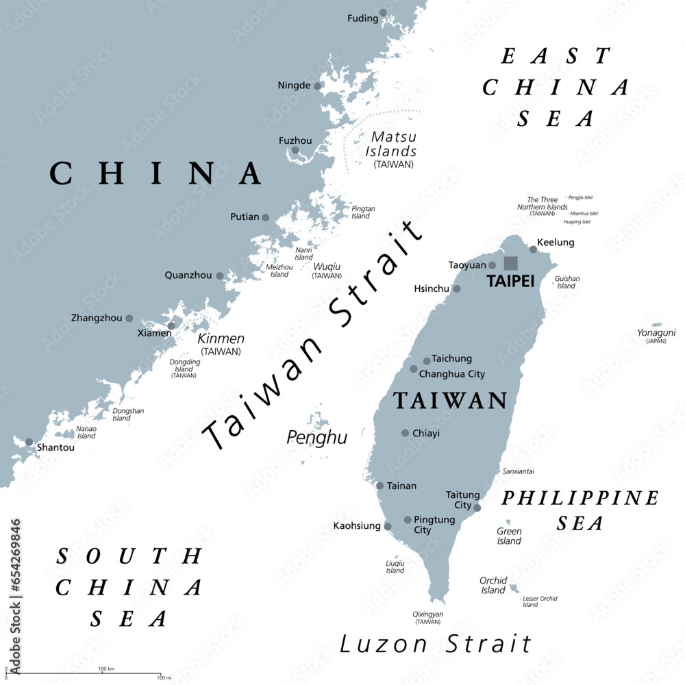 Taiwan Strait, gray political map. Important waterway and disputed ...
