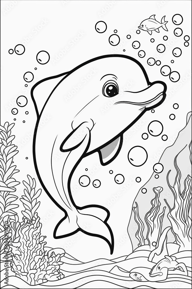 Black and white image of coloring page for kids cute Dolfin Stock ...