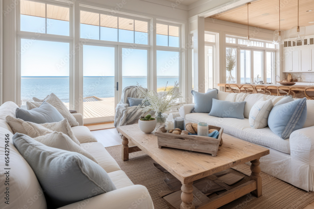 Coastal cottage style living room with rustic charm, inviting ambiance ...