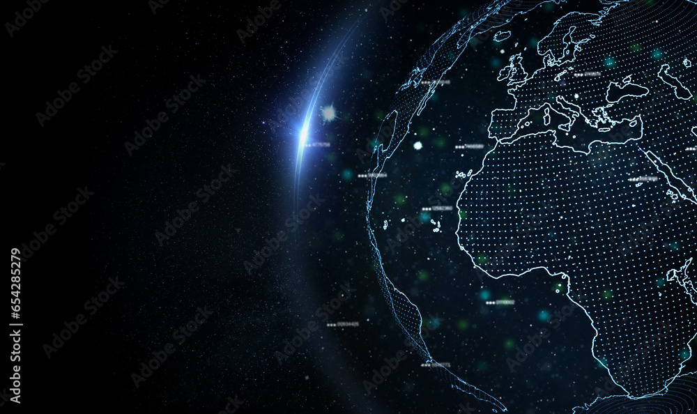 Hologram earth, planet and star by dark background for global network ...