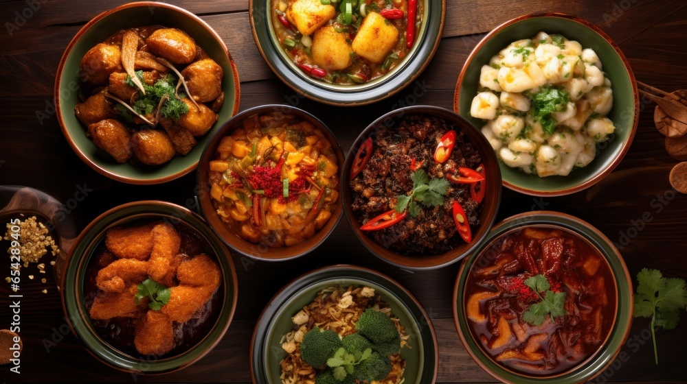 A top-down view of an Asian culinary backdrop featuring diverse ingredients, set on a rustic ...