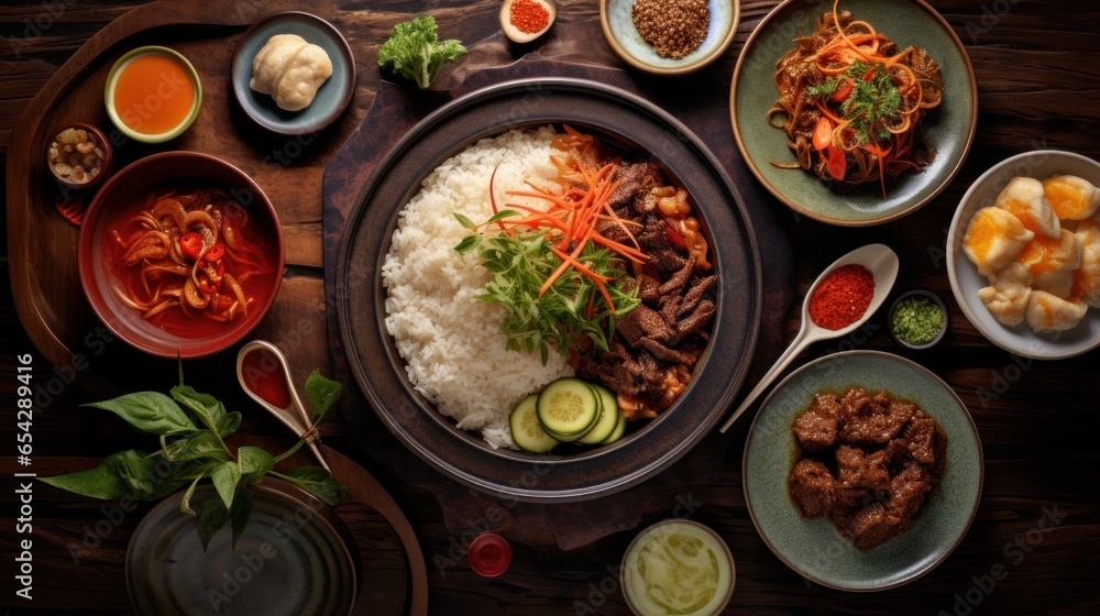A top-down view of an Asian culinary backdrop featuring diverse ingredients, set on a rustic ...