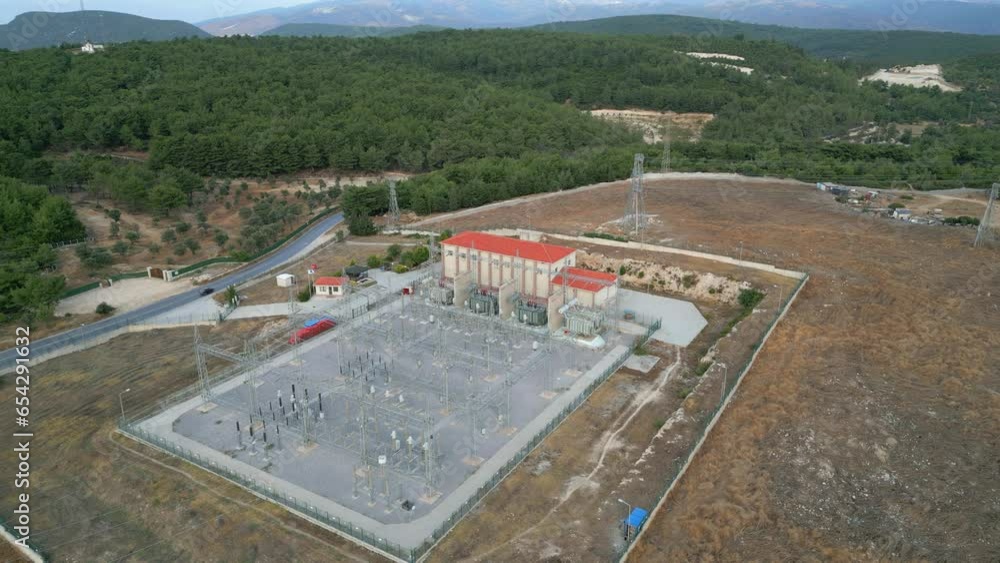 High voltage power station. View from flying drone. Wide angle, high ...