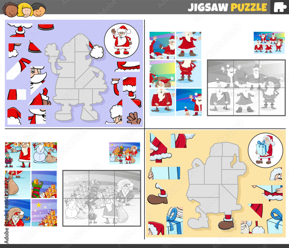 jigsaw puzzle games set with cartoon Santa Clauses characters Stock ...
