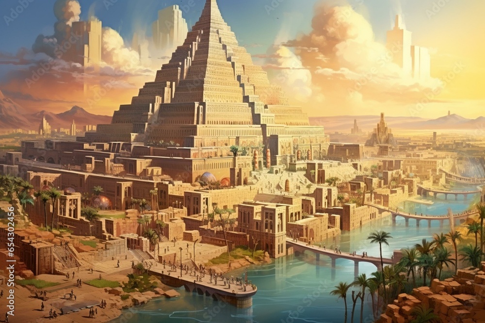 Illustration of ancient city Babylon with Tower of Babel in Babylonian ...