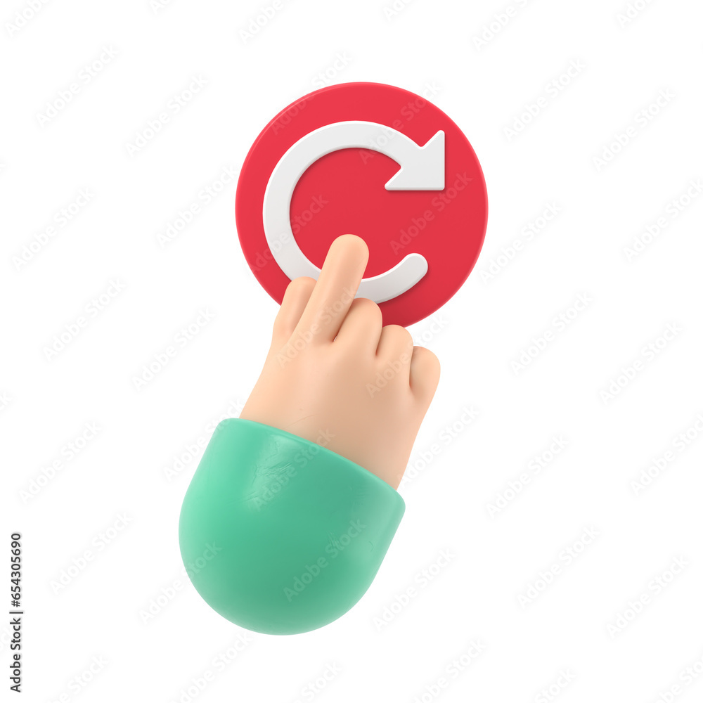 Reboot concept. Restarting technology. Hand to push big red button. 3d ...