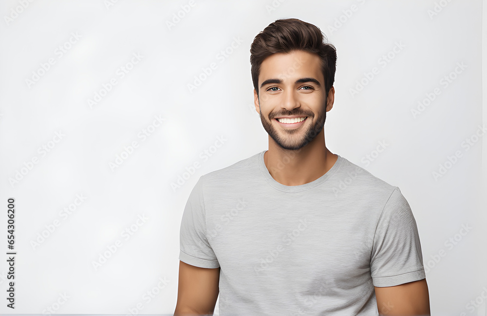 Portrait 25 year old male standing and smiling on isolated background ...