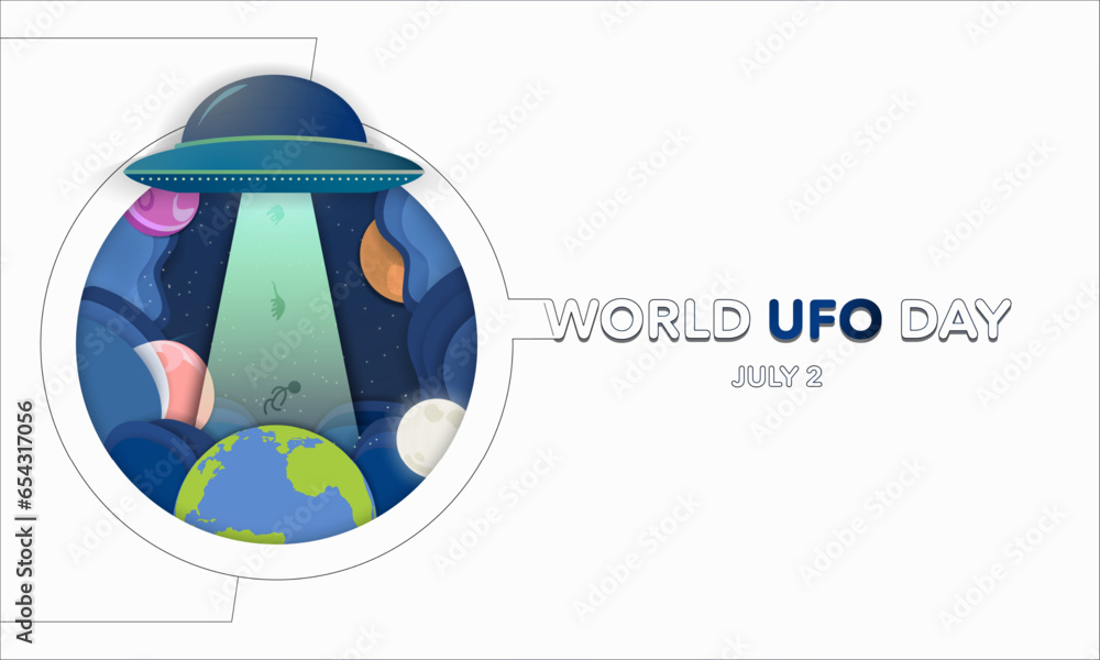 Paper cut-out banner for World UFO Day celebrated on july 2. Blue UFO ...