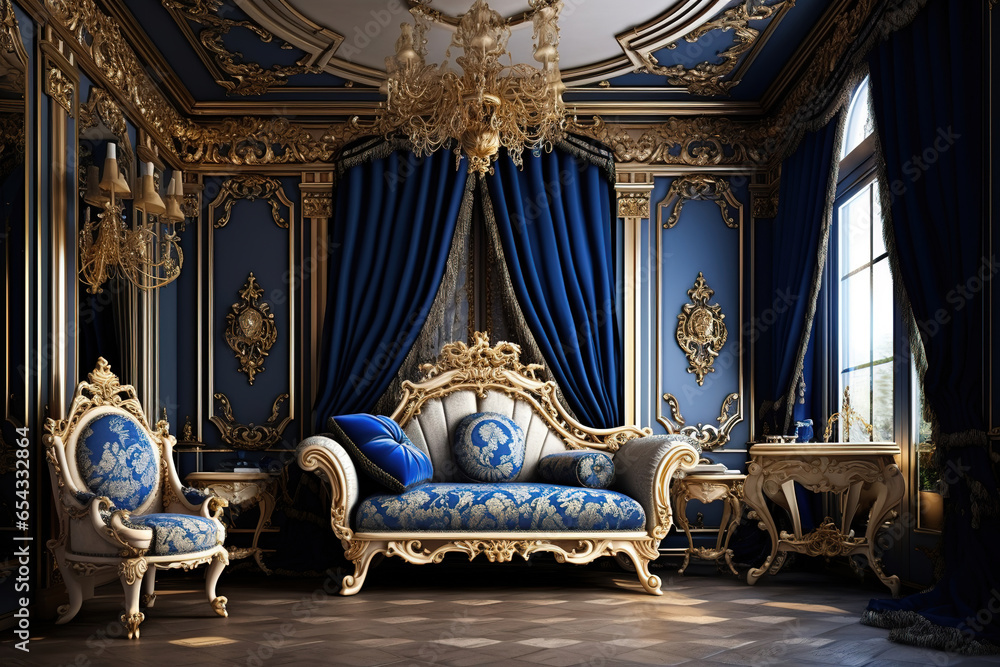 royal blue, gold and ivory color palette, living room, interior design ...