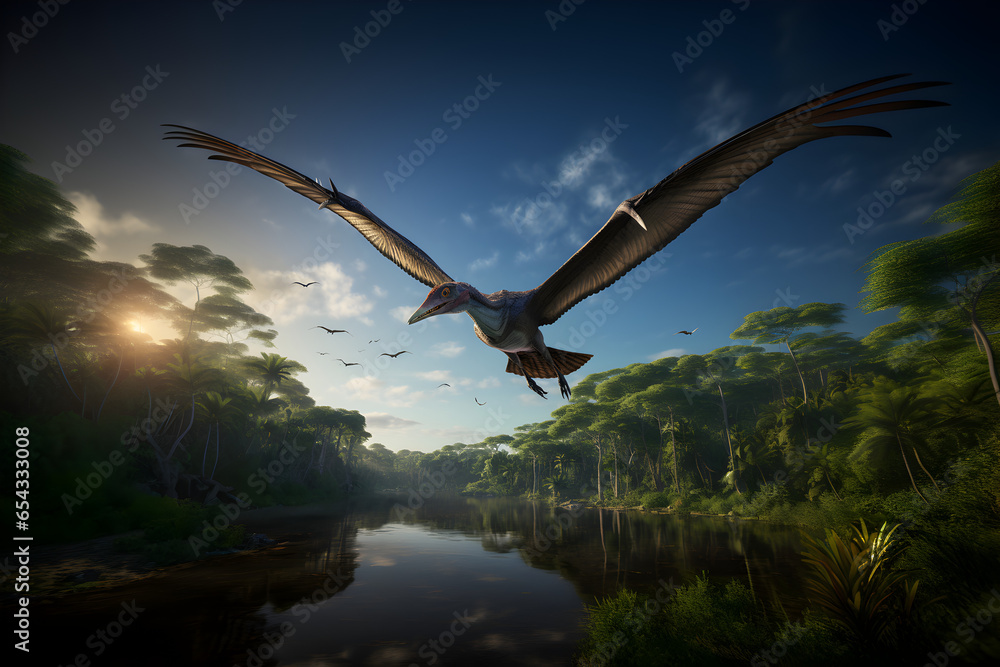 Quetzalcoatlus flying through a prehistoric landscape Stock ...