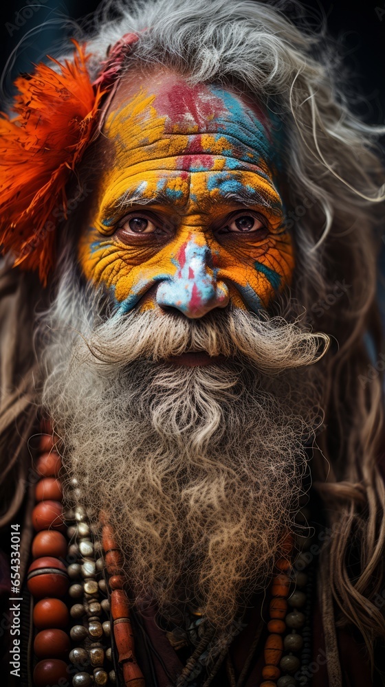 Portrait of a Sadhu with his colourful face painting. The holy men of ...