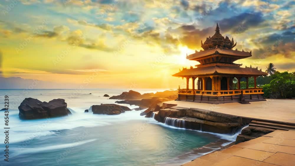 Hindu temple in the tropical beach, seamless looping animated ...