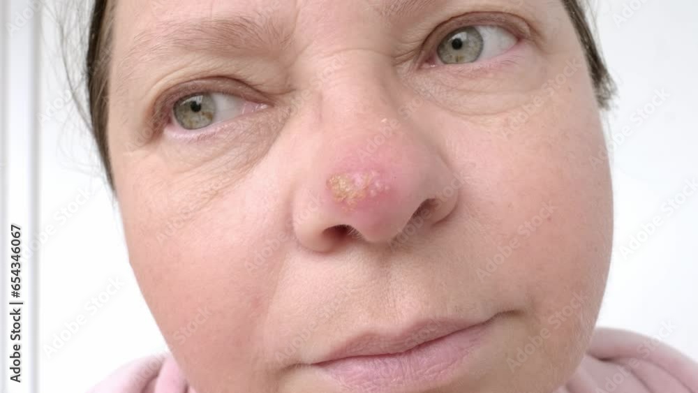 female face close-up, herpes on tip of nose, harbinger of dangerous ...