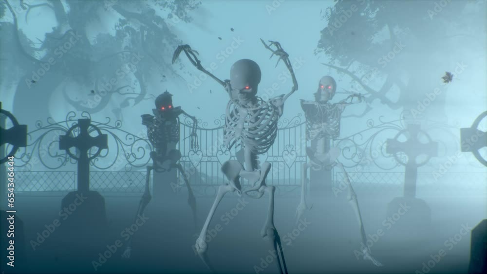 Attacking skeletons at night in the cemetery. Skeletons with red ...