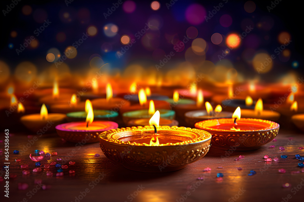 Lit diva lamp on street at night. Happy Diwali festival with oil lamp ...