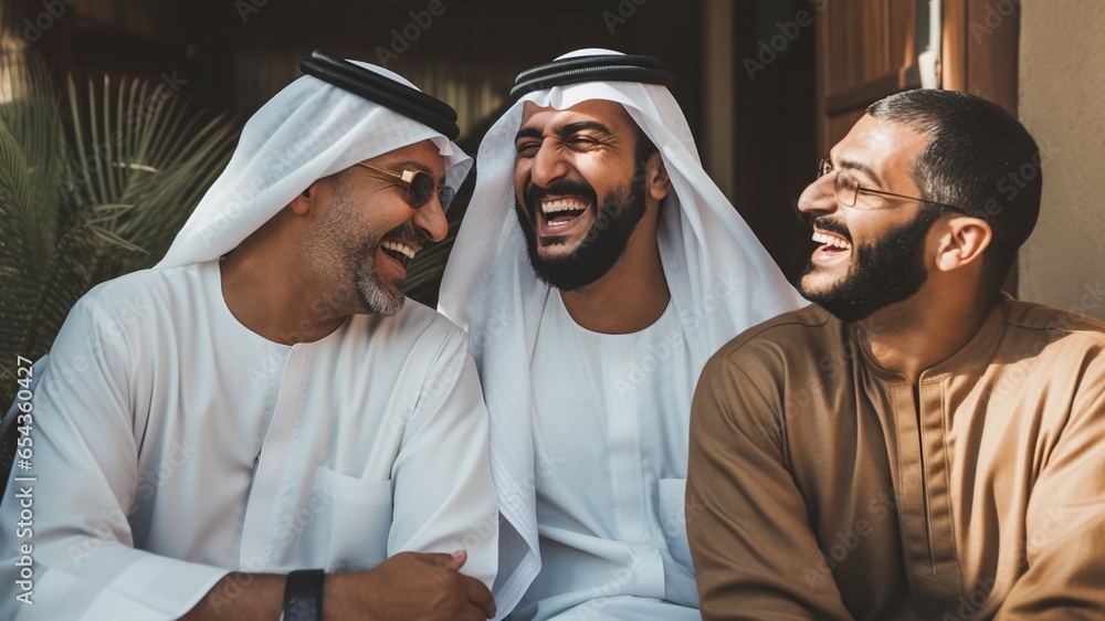 Three Arab men friends smiling and laughing together, dressed in color ...